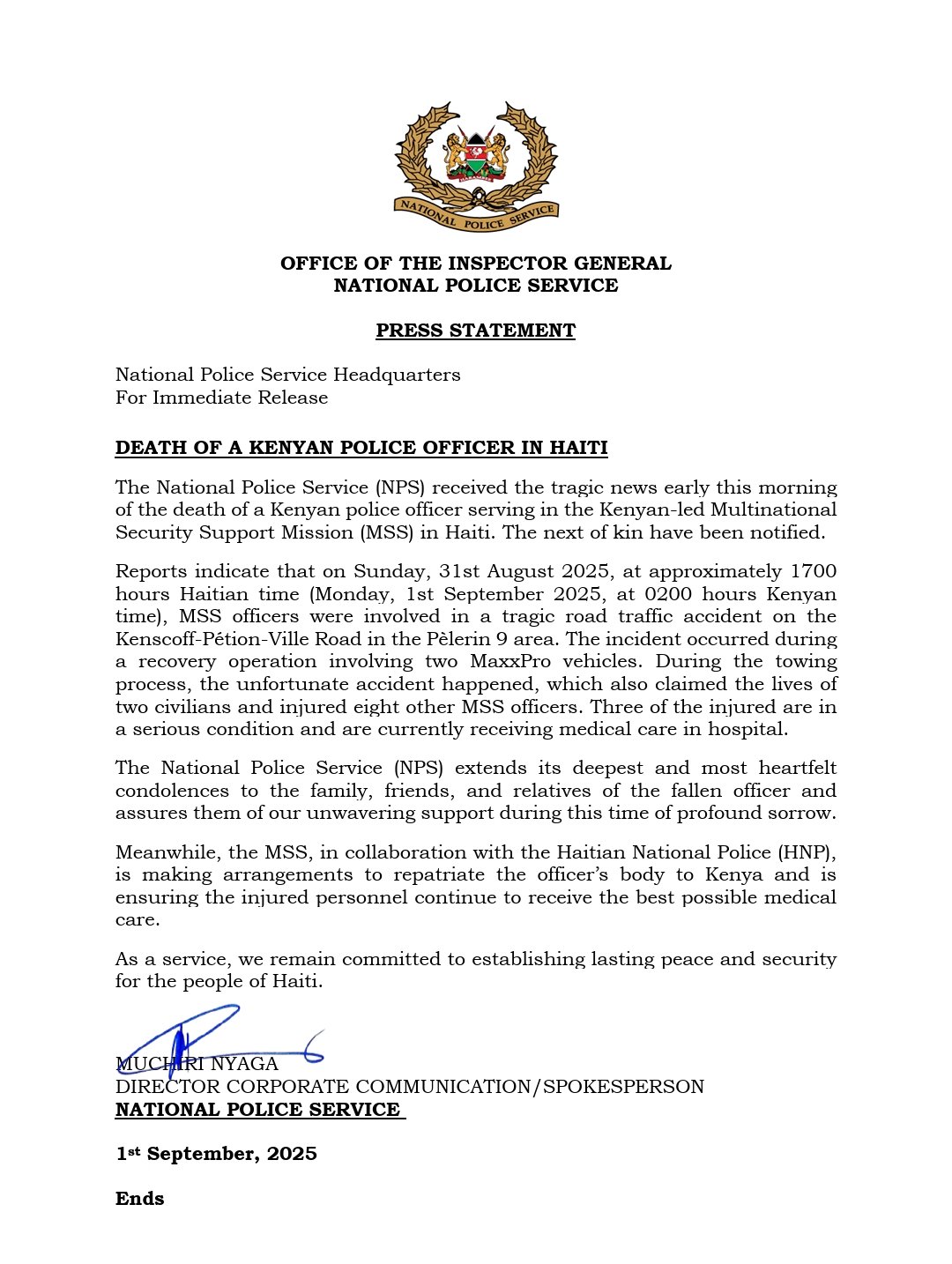 Press Releases / Statements | National Police Service